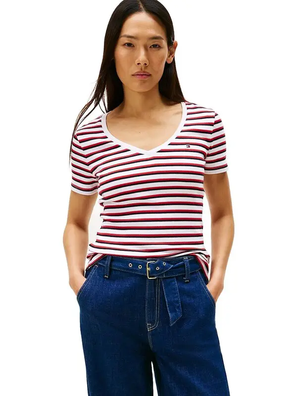 Tommy Hilfiger Striped V-neck T-shirt - Optic White