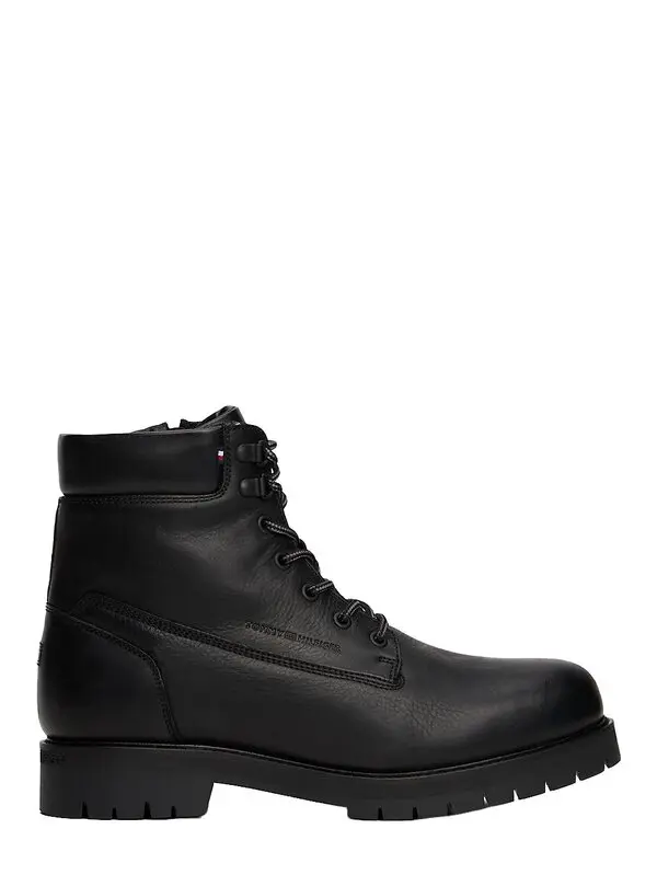 Tommy Hilfiger Leather Lace-up Combat Boots With Side Zip - Black