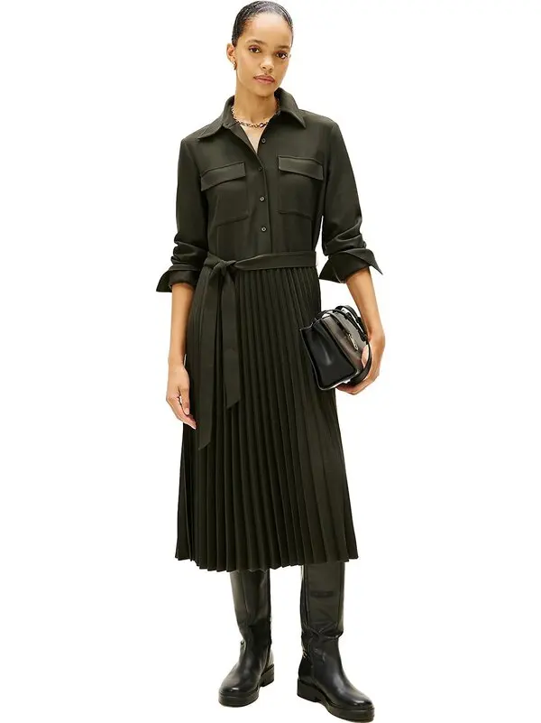 Tommy Hilfiger Belted Pleated Twill Shirtdress - Battle Green Heather