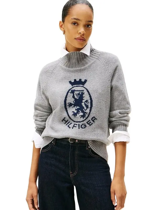 Tommy Hilfiger Intarsia Crest Logo Wool-blend Mockneck Sweater - Mid Grey Heather