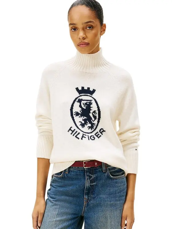 Tommy Hilfiger Intarsia Crest Logo Mock Neck Sweater - Ivory Petal