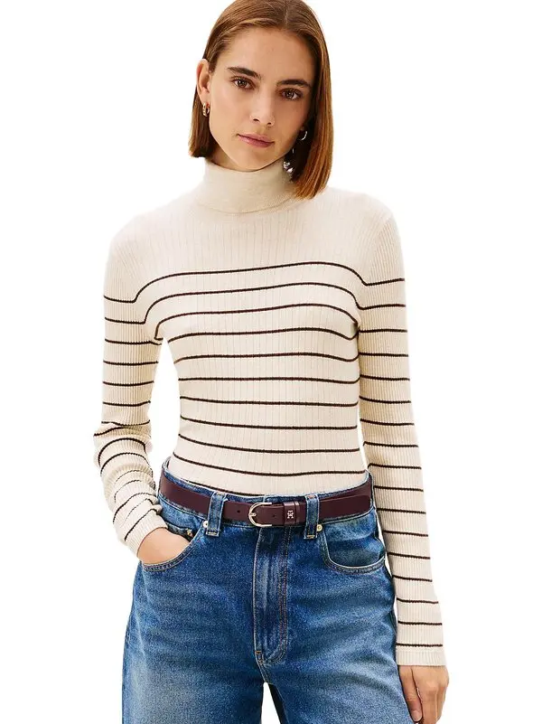 Tommy Hilfiger Striped Rib-knit Turtleneck Sweater - Ivory Stripe