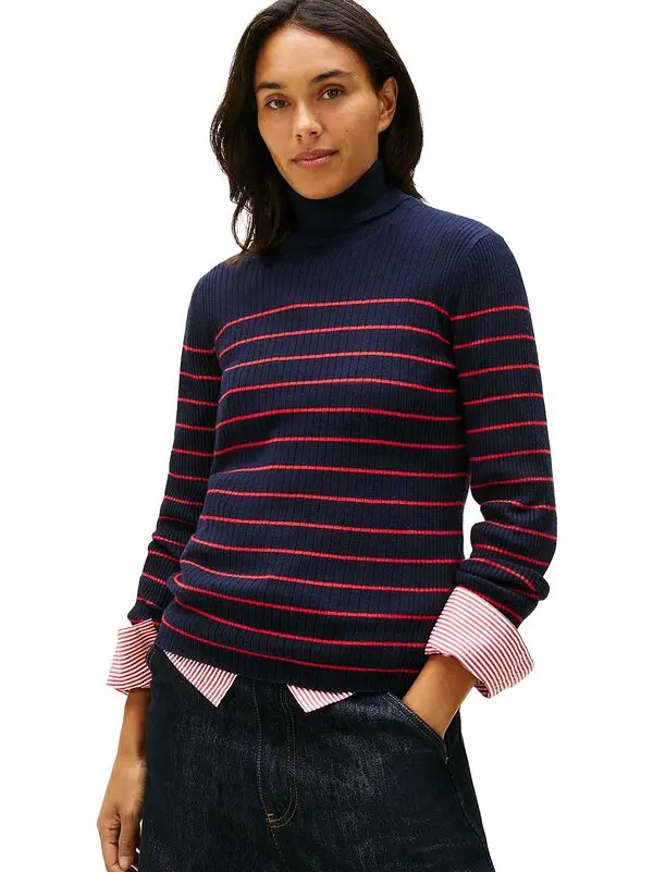 Tommy Hilfiger Striped Rib-knit Turtleneck Sweater - Navy