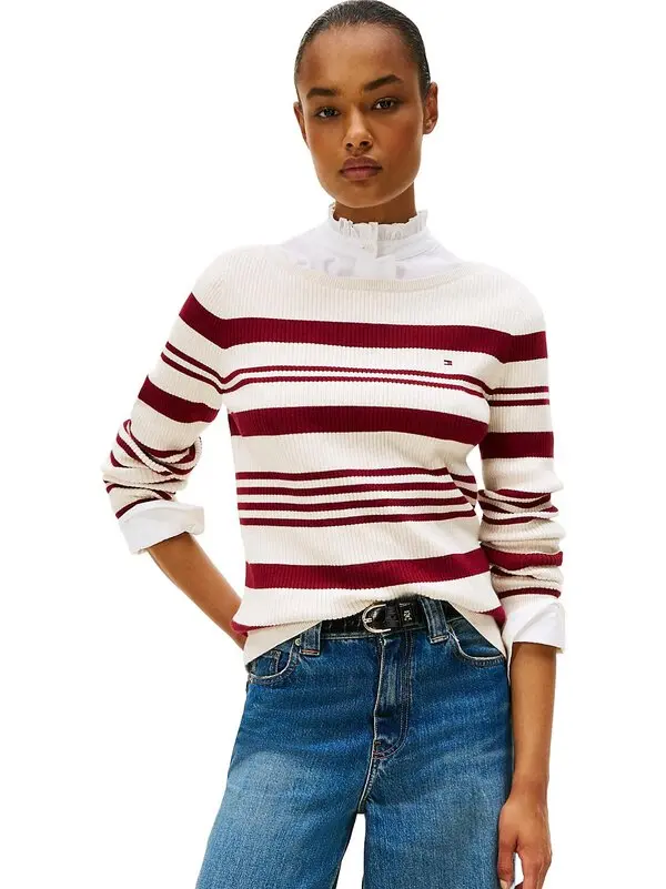 Tommy Hilfiger Striped Boatneck Rib-knit Sweater - Dark Beige