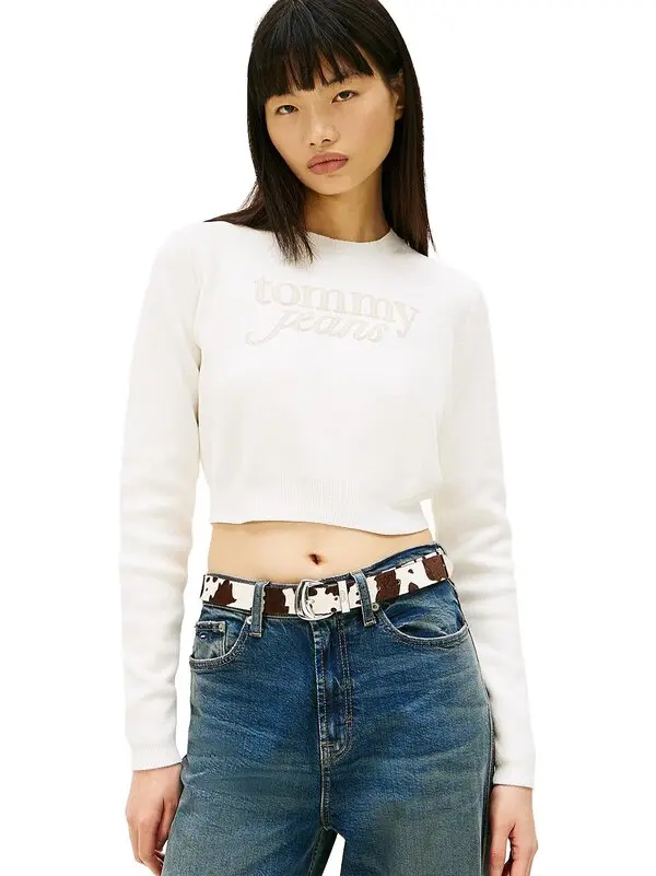 Tommy Hilfiger Script Logo Chenille Cropped Sweater - Ancient White