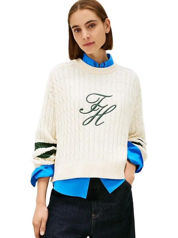 Tommy Hilfiger Embroidered Logo Cable Knit Sweater - Calico