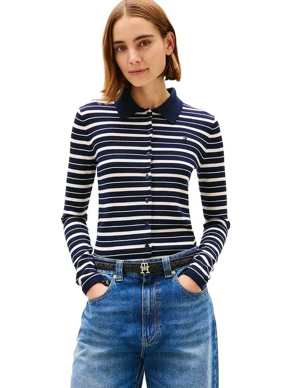 Tommy Hilfiger Striped Wool-silk Blend Polo Cardigan - Navy/calico Stripe
