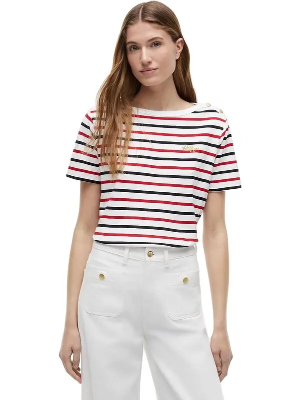 Tommy Hilfiger Gold-button Striped Cotton Interlock T-shirt - Ecru / Medium Red / Navy Multi