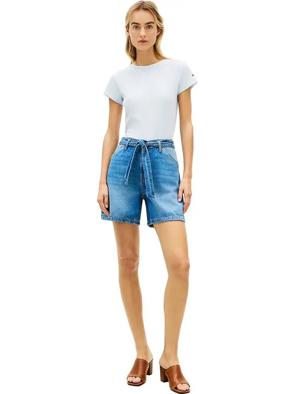 Tommy Hilfiger Belted High-rise Denim Shorts - Medium Wash