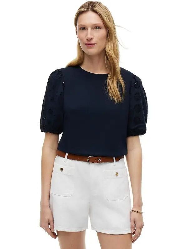 Tommy Hilfiger Embroidered Eyelet Mixed-media Top - Navy
