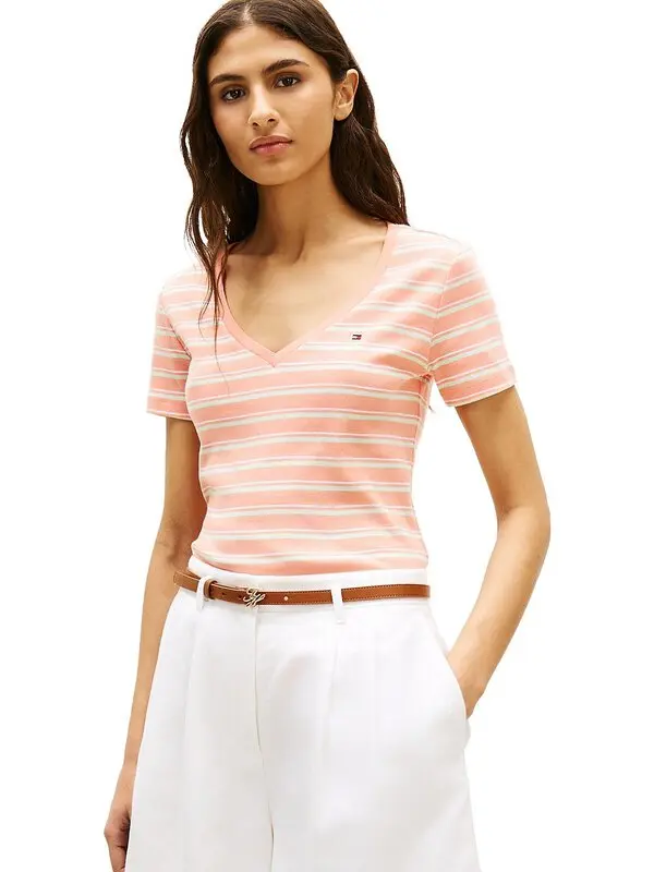 Tommy Hilfiger Striped V-neck Cotton T-shirt - Sunset Coral Multi
