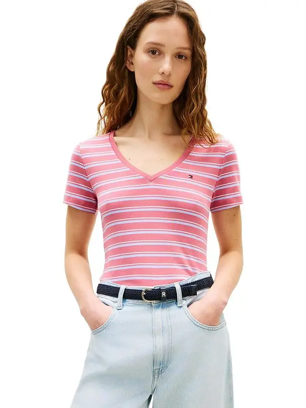 Tommy Hilfiger Striped V-neck T-shirt - Petal Red Multi