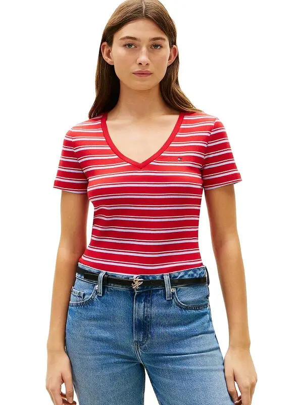 Tommy Hilfiger Striped V-neck T-shirt - Primary Red Multi
