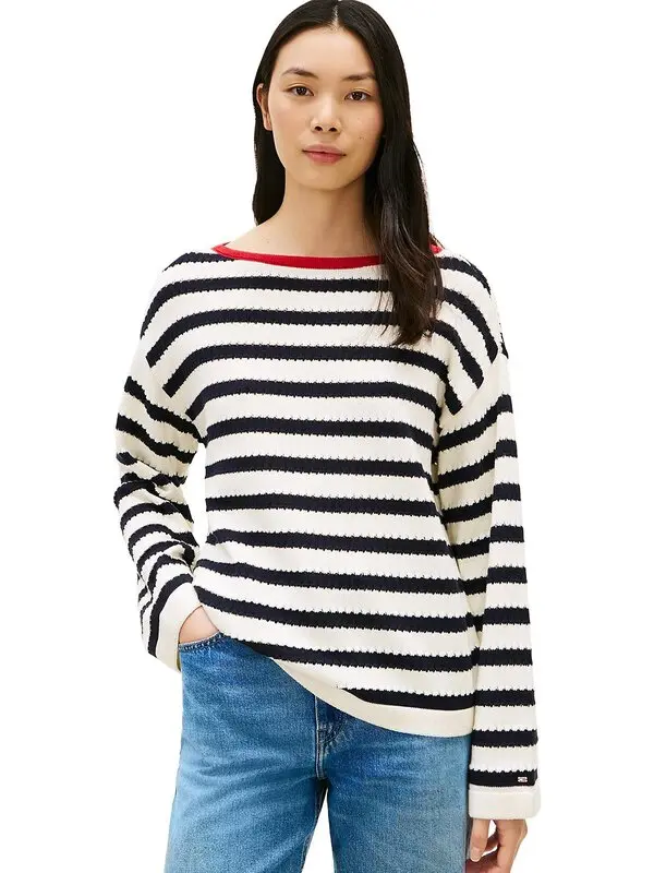 Tommy Hilfiger Breton Stripe Pointelle Boatneck Sweater - Navy