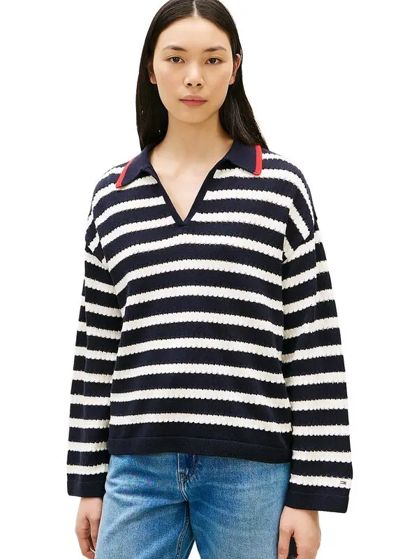 Tommy Hilfiger Breton Stripe Pointelle Sweater Polo - Navy