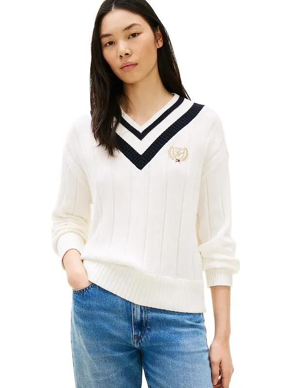 Tommy Hilfiger Laurel Leaf Logo Cricket Sweater - Optic White