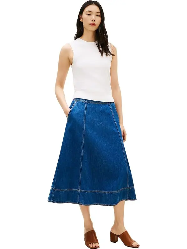 Tommy Hilfiger High-rise Flared Denim Midi Skirt - Dark Wash