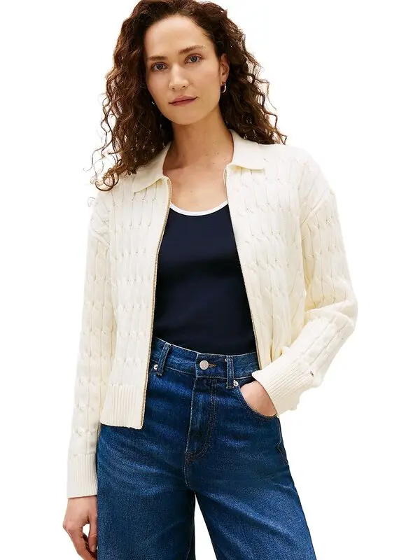 Tommy Hilfiger Zip Up Cable Knit Cardigan - Rich Cream