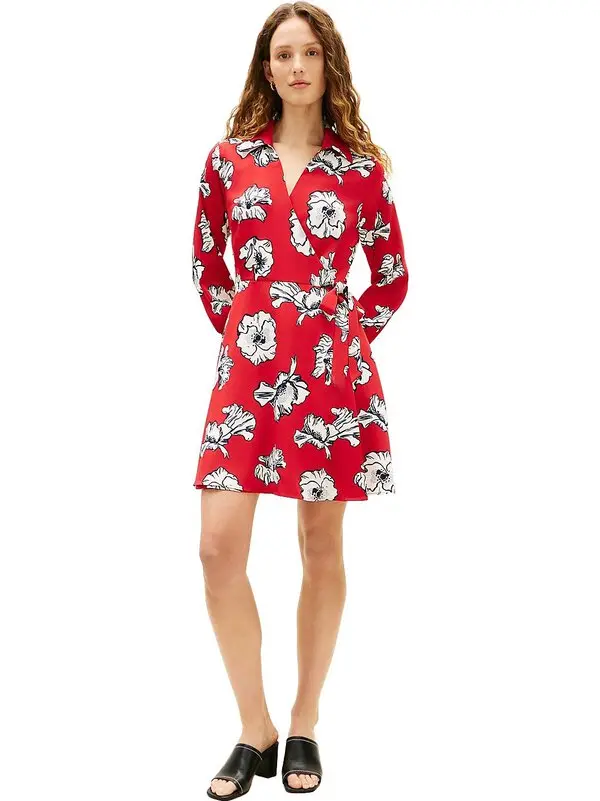 Tommy Hilfiger Floral Print Crepe Wrap Dress - Primary Red