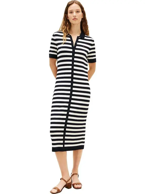 Tommy Hilfiger Striped Button-up Polo Sweater Dress - Navy