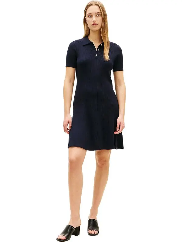 Tommy Hilfiger Rib Knit Polo Mini Dress With Gold Buttons - Navy