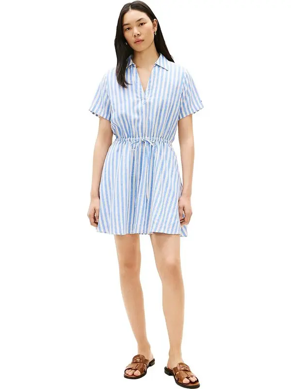 Tommy Hilfiger Short Sleeve Striped Linen-blend Dress - Blue Spell