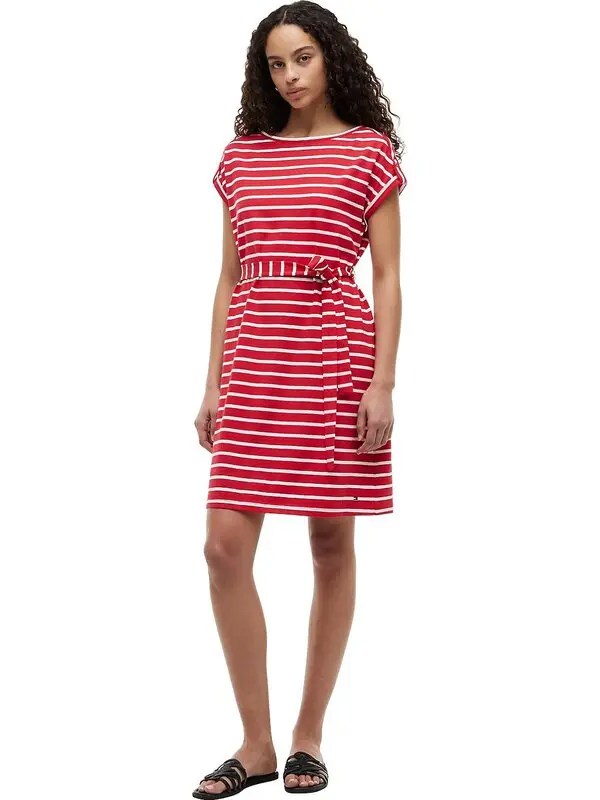 Tommy Hilfiger Striped Belted Stretch-cotton Dress - Primary Red