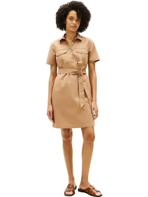 Tommy Hilfiger Short Sleeve Belted Utility Shirt Dress - Iconic Camel