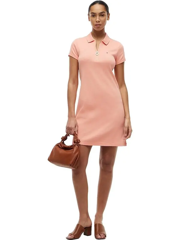Tommy Hilfiger Ribbed Cotton Zip Polo Dress - Sunset Coral