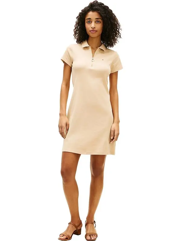 Tommy Hilfiger Ribbed Cotton Zip Polo Dress - Clayed Pebble