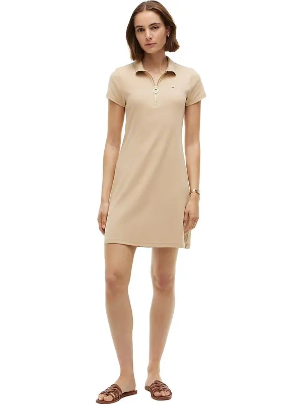 Tommy Hilfiger Ribbed Cotton Zip Polo Dress - Clayed Pebble