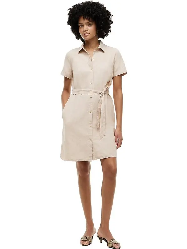 Tommy Hilfiger Belted Linen-cotton Blend Short Sleeve Shirt Dress - Clayed Pebble