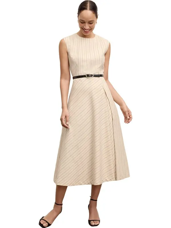 M.M.LAFLEUR Tati Pleat Dress In Breeze Stripe - Ecru/navy
