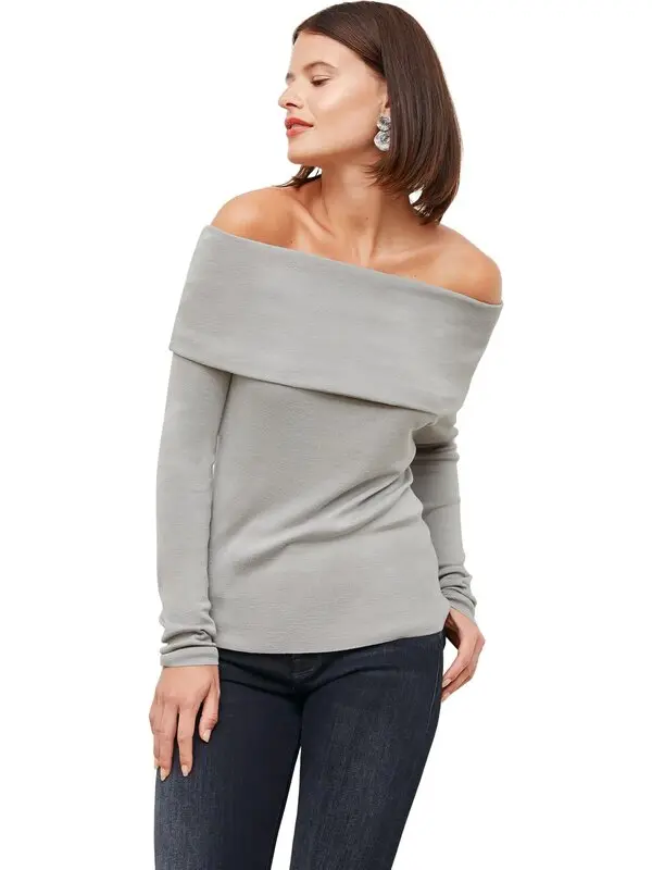 M.M.LAFLEUR Silk Jersey Off-the-shoulder Top - Pale Gray