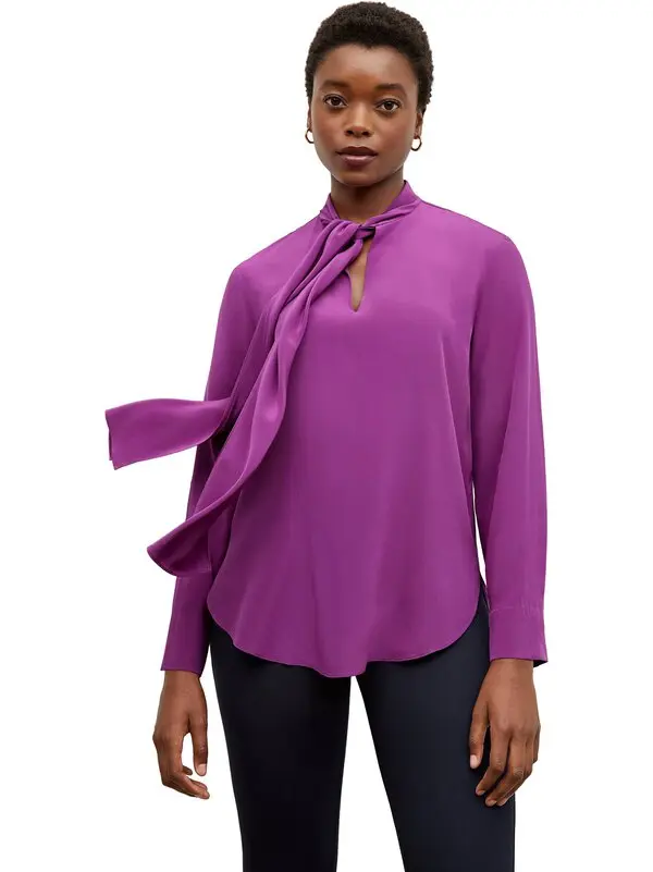 M.M.LAFLEUR Darcy Washable Silk Blouse With Tie Neck - Purple Jasper