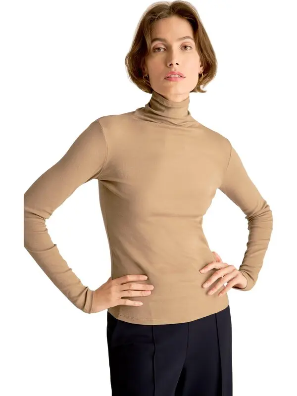 M.M.LAFLEUR Layering Ribbed Turtleneck In Organic Pima Cotton - Saddle