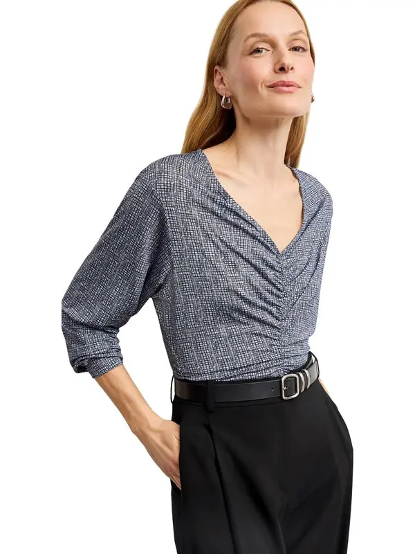 M.M.LAFLEUR The Amina Printed Jersey Ruched Top - Blueprint Sketch