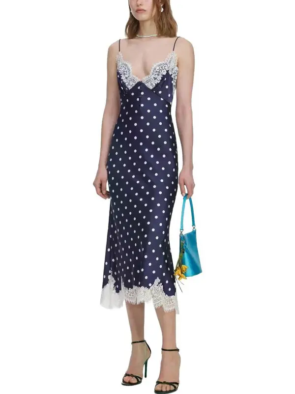 SELF-PORTRAIT Polka-dot Lace-trim Midi Dress - Blue