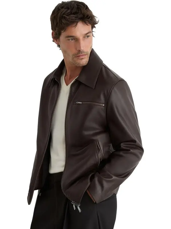 REISS Strader Leather Zip-through Jacket - Brown