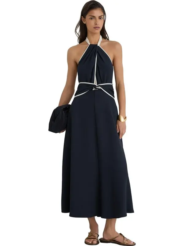 REISS Blair Contrast-trim Halterneck Midi Dress - Navy/ivory