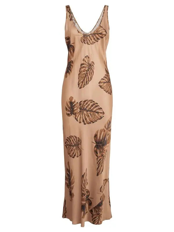 L'Agence Satin Tropical Print Slip Maxi Dress - Brown