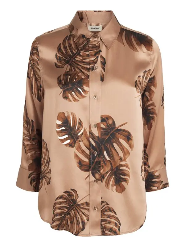 L'Agence Satin Palm Leaf Print Shirt - Brown
