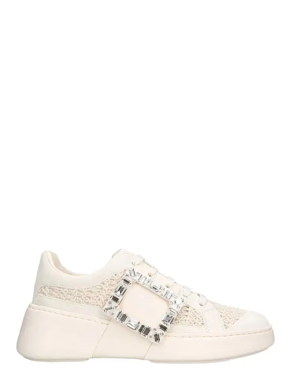 ROGER VIVIER Viv' Skate Crochet & Suede Sneakers With Crystal Buckle - White