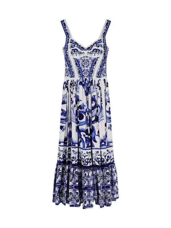 Dolce & Gabbana Cotton Maiolica Print Long Dress - Multicolor