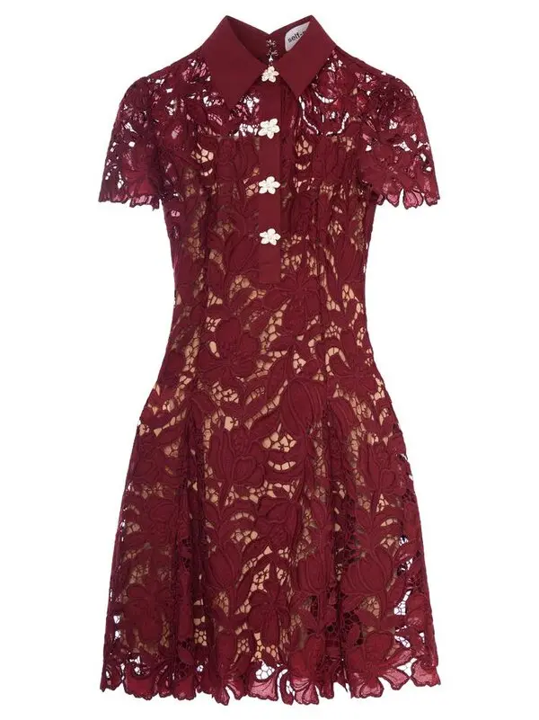 SELF-PORTRAIT Lace Mini Dress With Jewel Buttons - Red