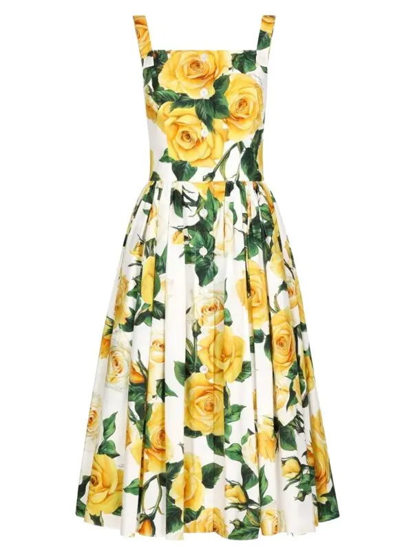 Dolce & Gabbana Rose Print Pleated Midi Dress - Multicolor