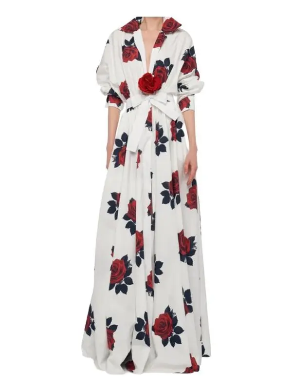 Norma Kamali Super Os Bf Nk Shirt Flared Gown With - Rose Print