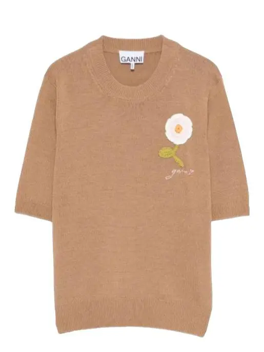 GANNI Floral Appliqué Short Sleeve Sweater - Nude