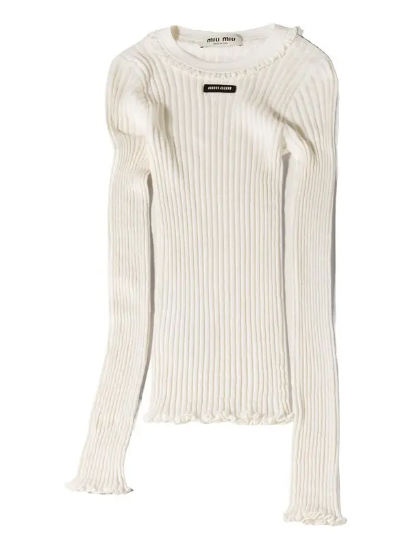 Miu Miu Ribbed Silk Crewneck Sweater With Ruching - White