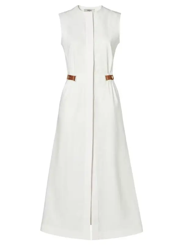 Fendi Sleeveless Midi Dress With Leather Trim - White